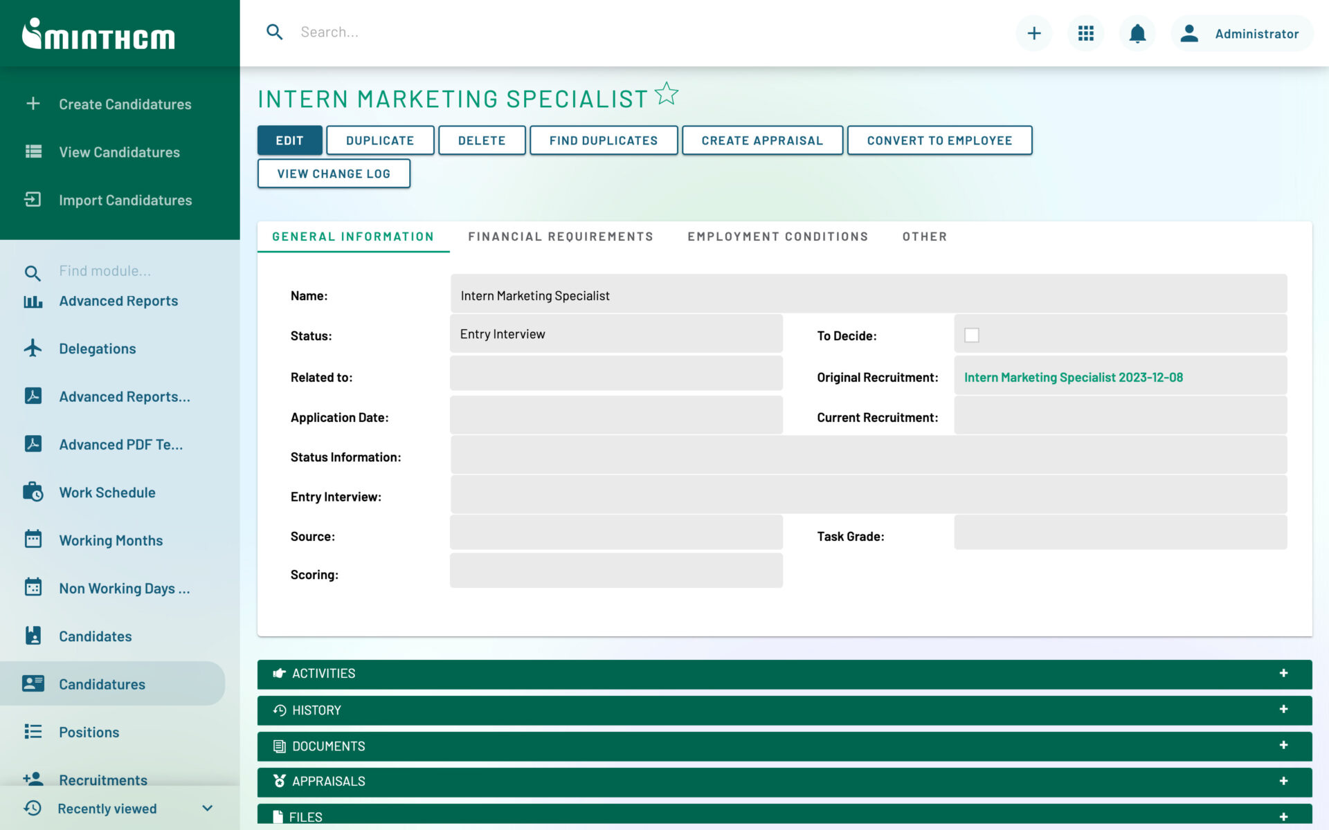 MintHCM | Recruitment. Positions. Candidatures. Candidates. Employees.
