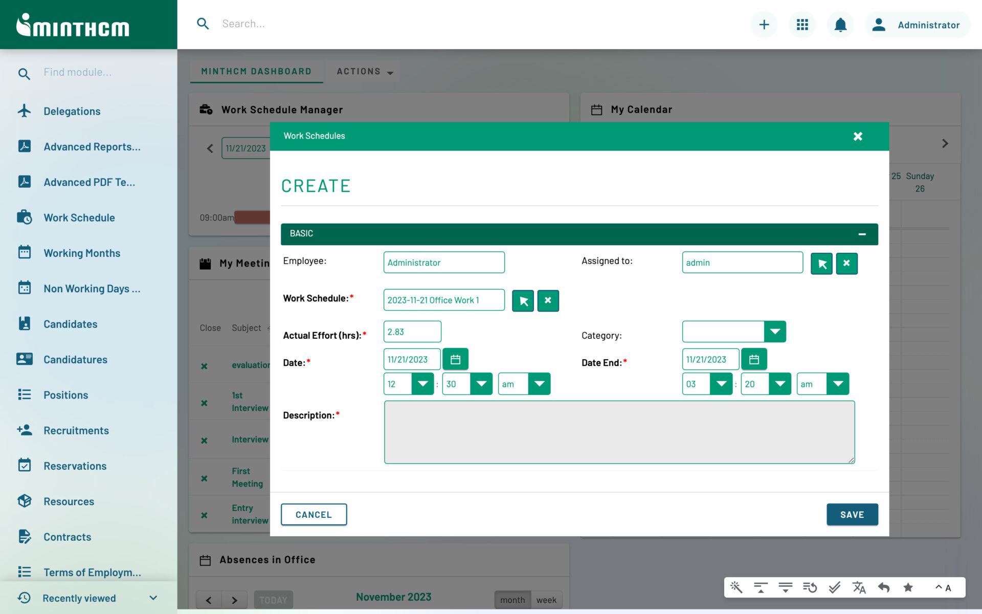 MintHCM | Time management - Plan future events & track the office hours